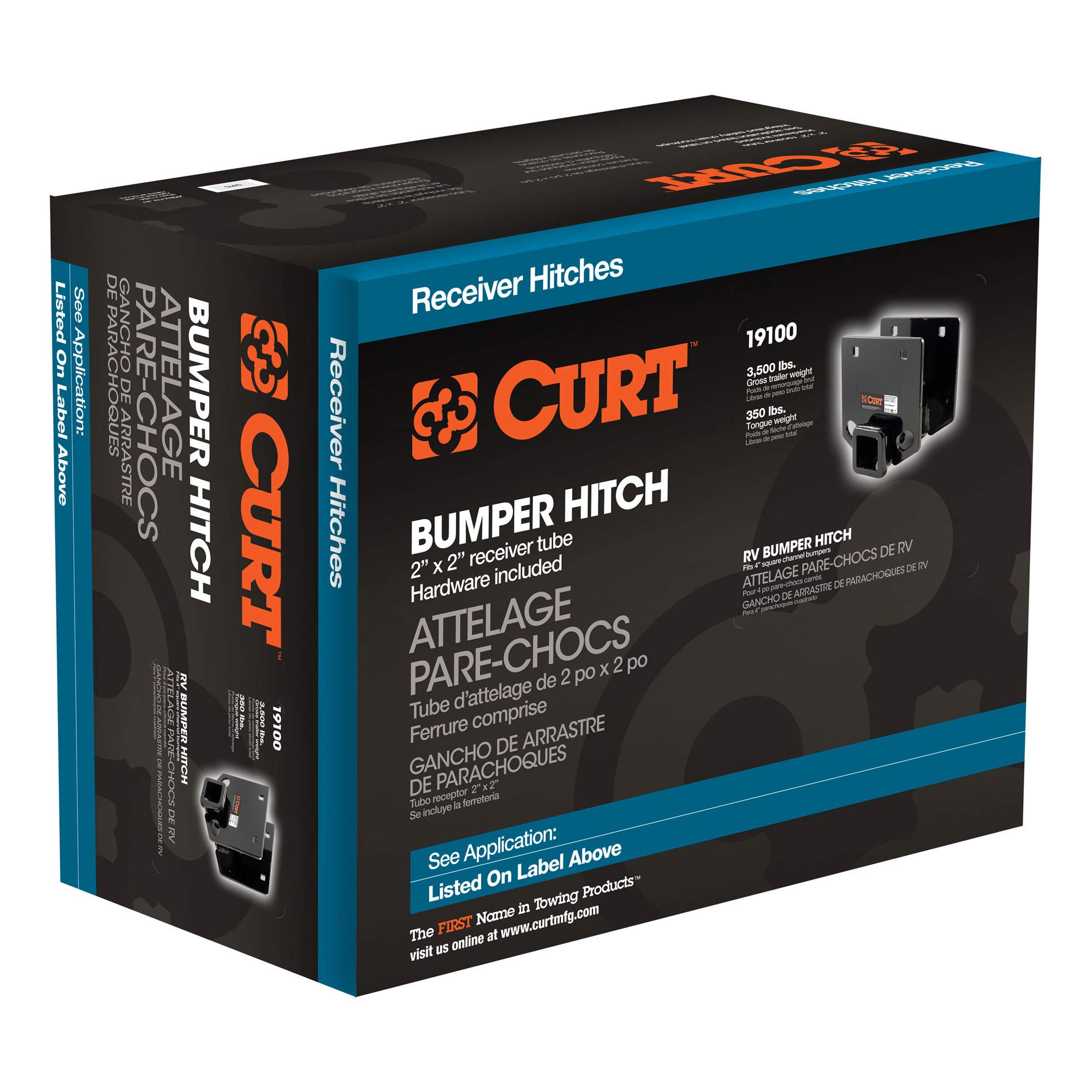 CURT 19100 Camper RV Bumper Hitch, Fits 4-Inch Beam, 2-In Receiver, 3,500 lbs