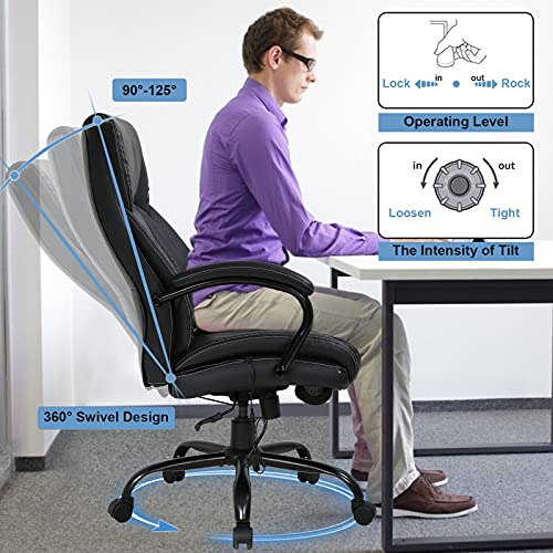 Big and Tall Office Chair Ergonomic Desk Chair with Lumbar Support Massage, Heavy Duty 500 lbs Wide Seat Computer Chair with Armrest, PU Leather Swivel Task Chair, Black