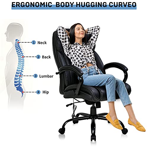 Big and Tall Office Chair Ergonomic Desk Chair with Lumbar Support Massage, Heavy Duty 500 lbs Wide Seat Computer Chair with Armrest, PU Leather Swivel Task Chair, Black