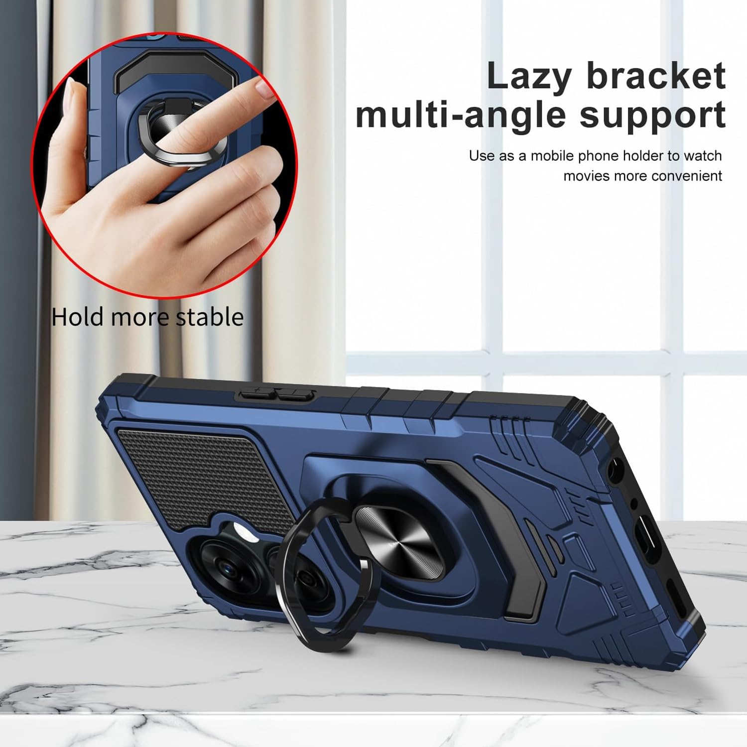 TJS Compatible for OnePlus Nord N30 5G Case, with Tempered Glass Screen Protector, Metal Ring Magnetic Support Kickstand Heavy Duty Drop Protection Cover Phone Case (Blue)
