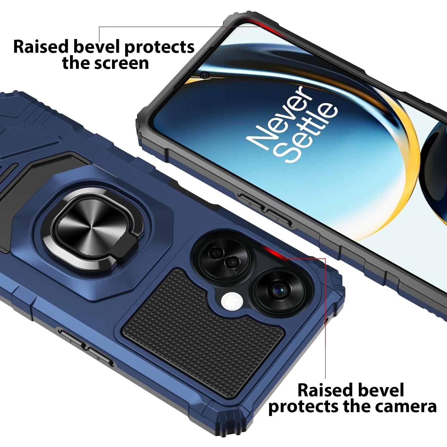TJS Compatible for OnePlus Nord N30 5G Case, with Tempered Glass Screen Protector, Metal Ring Magnetic Support Kickstand Heavy Duty Drop Protection Cover Phone Case (Blue)