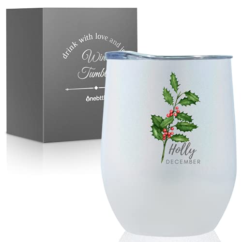 Birthday Month Flower Tumbler, Birth Flower Gifts for Her, Unique Birthday Presents for Women, Mum, Wife, Girlfriend, Daughter, Best Friend, Coffee and Wine Tumbler 12oz (December, Holly)