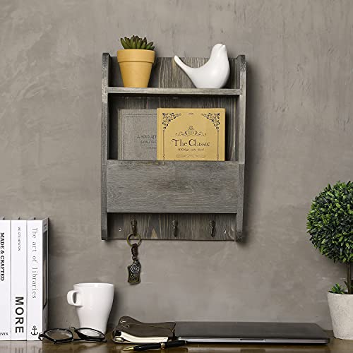 MyGift Wall Mounted Vintage Gray Solid Wood Entryway Key and Mail Organizer Holder and Display Shelf with 3 Hooks