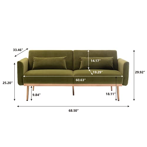 SZLIZCCC 68 "- Velvet Sofa, Accent Sofa, Loveseat Sofa Convertible Sofa Sleeper, with Gold Metal Feet, with Two Rectangular Waist Pillows, Suitable for Small Spaces (Olive Green)