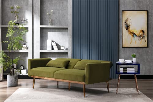 SZLIZCCC 68 "- Velvet Sofa, Accent Sofa, Loveseat Sofa Convertible Sofa Sleeper, with Gold Metal Feet, with Two Rectangular Waist Pillows, Suitable for Small Spaces (Olive Green)