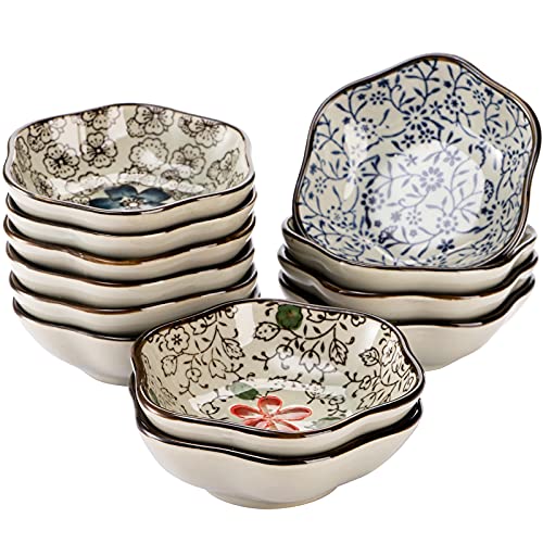 ZEAYEA Set of 12 Pinch Bowls, Ceramic Dipping Mini Bowls, 3 oz Soy Sauce Dishes, Japanese Appetizer Condiments Serving Dishes for Sushi, Ketchup, Dessert, Snack, BBQ, Party, Dinner