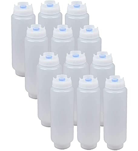 FIFO Squeeze Bottle Refillable 16 oz | Blue Tip Large Valve Dispenser for Thick Condiments, Sauces, Batter and Dressing | Self Sealing No Drip No Hassle | (12 Pack)