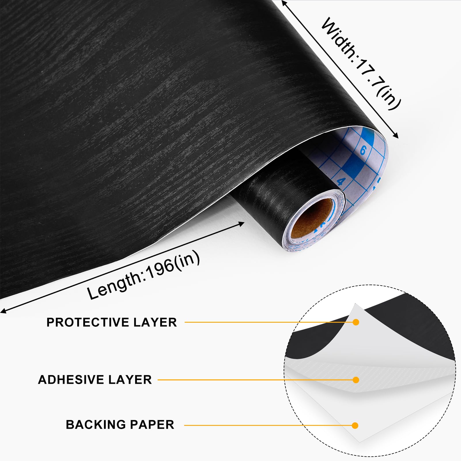 HATOKU 17.7" x 196" Black Wood Peel and Stick Wallpaper, Contact Paper for Cabinets PVC Self Adhesive Wallpaper for Desk Drawer Shelf Liner
