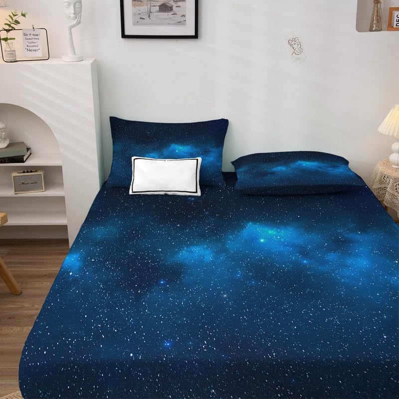 Galaxy Sheets Full Size Sheet Sets - Navy Blue Starry Sky Bed Sheets, Soft Microfiber & Deep Pocket & Wrinkle Free Patterned Bedding Sheets & Pillowcases, 1 Fitted Sheet, 1 Flat Sheet, 2 Pillow Cases