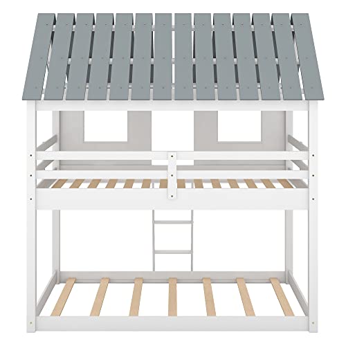 Bunk Bed Twin Over Twin , House Bed for Kids with Roof and Windows,Wood Low House Bunk Beds with Guard Rails for Toddlers ,White