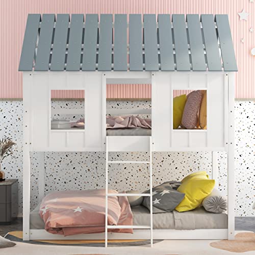 Bunk Bed Twin Over Twin , House Bed for Kids with Roof and Windows,Wood Low House Bunk Beds with Guard Rails for Toddlers ,White