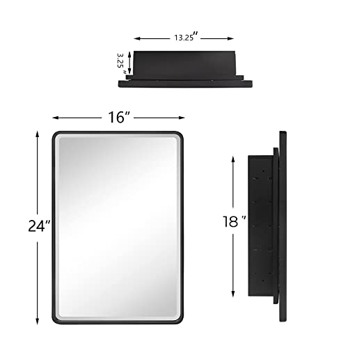 TEHOME Farmhouse Black Metal Framed Recessed Bathroom Medicine Cabinet with Mirror Rounded Rectangle Tilting Beveled Vanity Mirros for Wall 16x24 inch