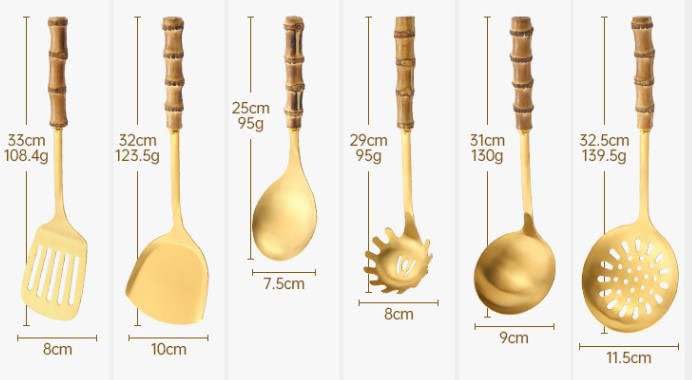 Bamboo Stainless Steel Cooking Tools Utensils Stainless - Brass/Gold Cooking and Serving Utensils - Gold Kitchen Utensils - Bamboo Wood Handled Gold Kitchen Utensils For Gold Kitchen