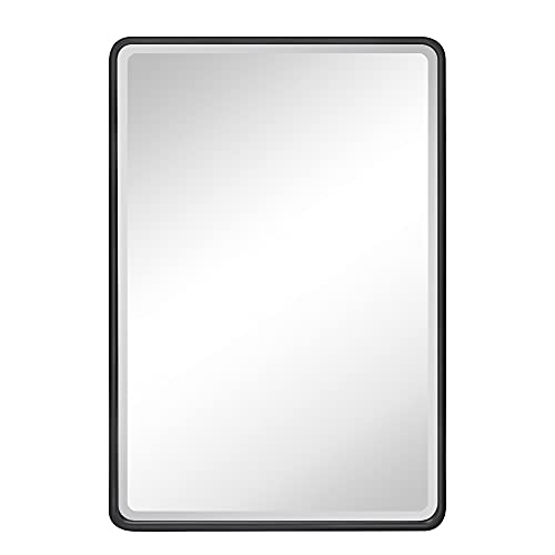 TEHOME Farmhouse Black Metal Framed Recessed Bathroom Medicine Cabinet with Mirror Rounded Rectangle Tilting Beveled Vanity Mirros for Wall 16x24 inch