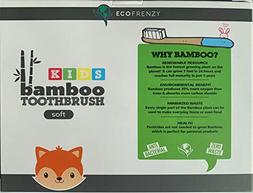EcoFrenzy - Kids Bamboo Toothbrush - Child Size Soft BPA Free Color Safe Bristles (8 Pack)