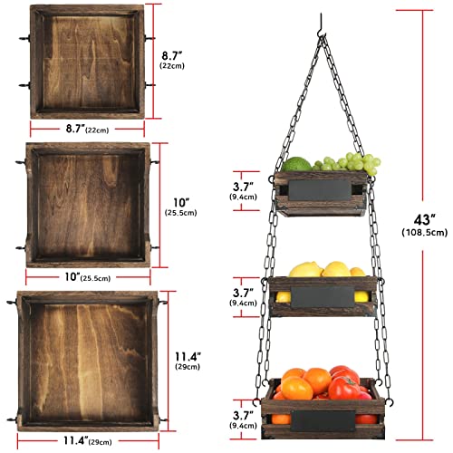 J JACKCUBE DESIGN 3-Tier Rustic Wood Hanging Fruit Basket, Kitchen Fruit, Vegetable Storage Organizer, Countertop Space Saver- Heavy Duty Metal Hooks- MK1008A