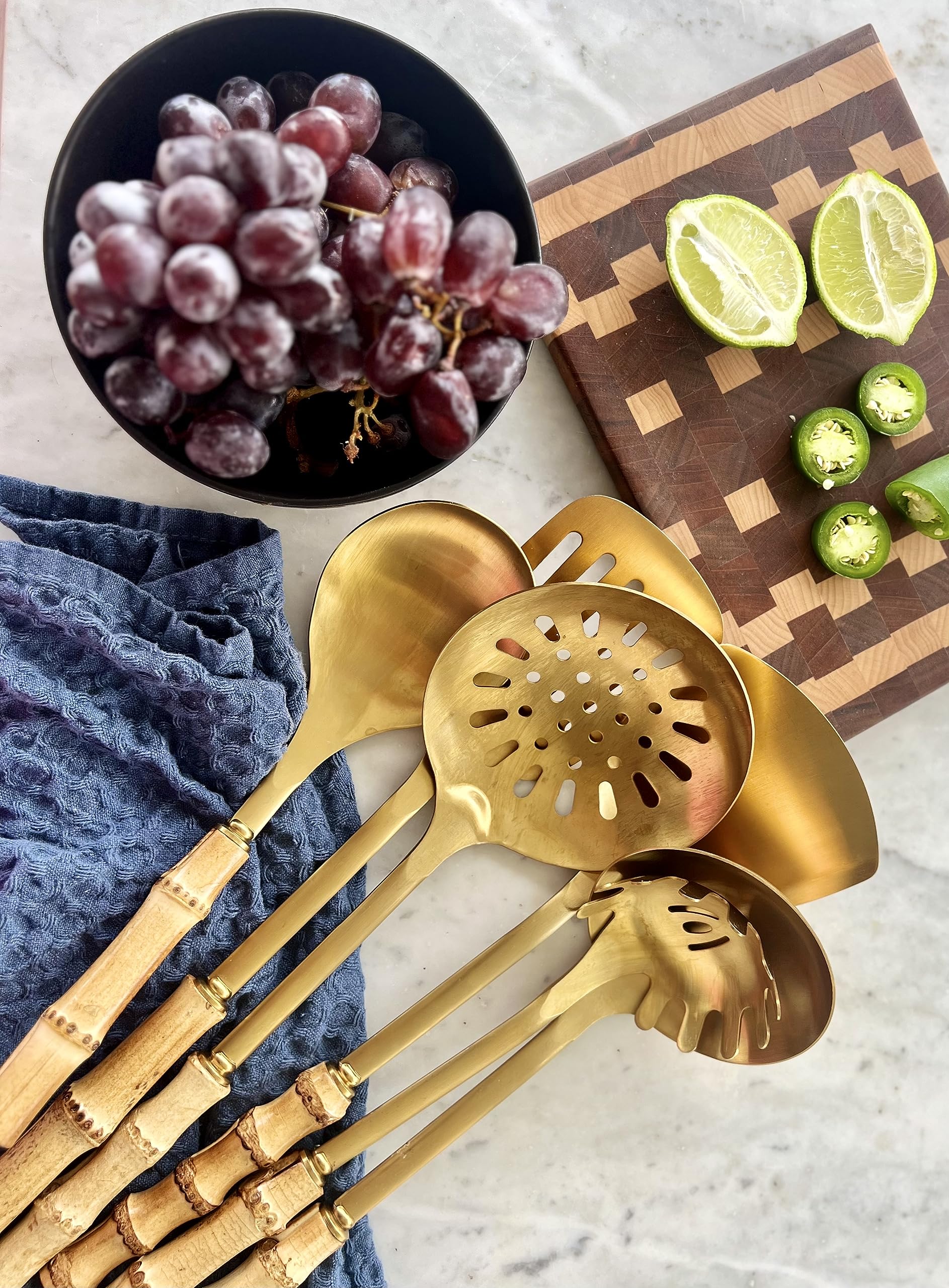 Bamboo Stainless Steel Cooking Tools Utensils Stainless - Brass/Gold Cooking and Serving Utensils - Gold Kitchen Utensils - Bamboo Wood Handled Gold Kitchen Utensils For Gold Kitchen