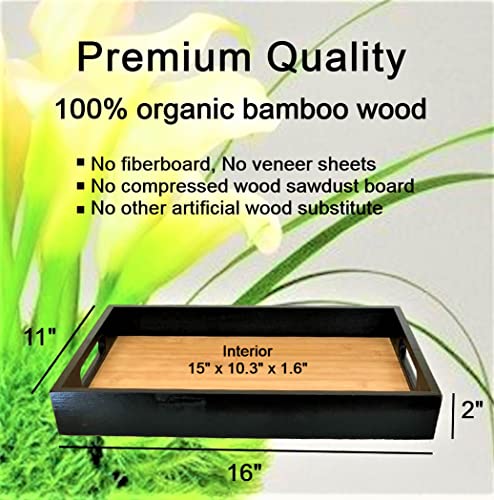Bamboo Serving Tray with Handles (16" x 11" x 2") β Wood Serving Tray - Coffee Table Tray - Ottoman Tray - Decorative Display Tray In Black & Natural