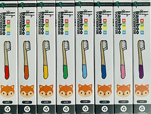 EcoFrenzy - Kids Bamboo Toothbrush - Child Size Soft BPA Free Color Safe Bristles (8 Pack)