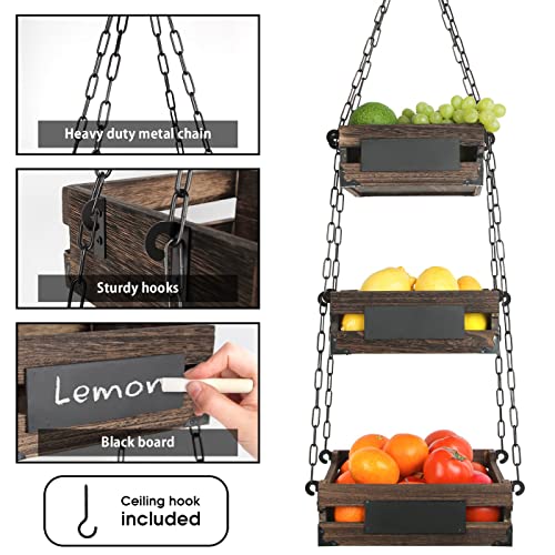 J JACKCUBE DESIGN 3-Tier Rustic Wood Hanging Fruit Basket, Kitchen Fruit, Vegetable Storage Organizer, Countertop Space Saver- Heavy Duty Metal Hooks- MK1008A