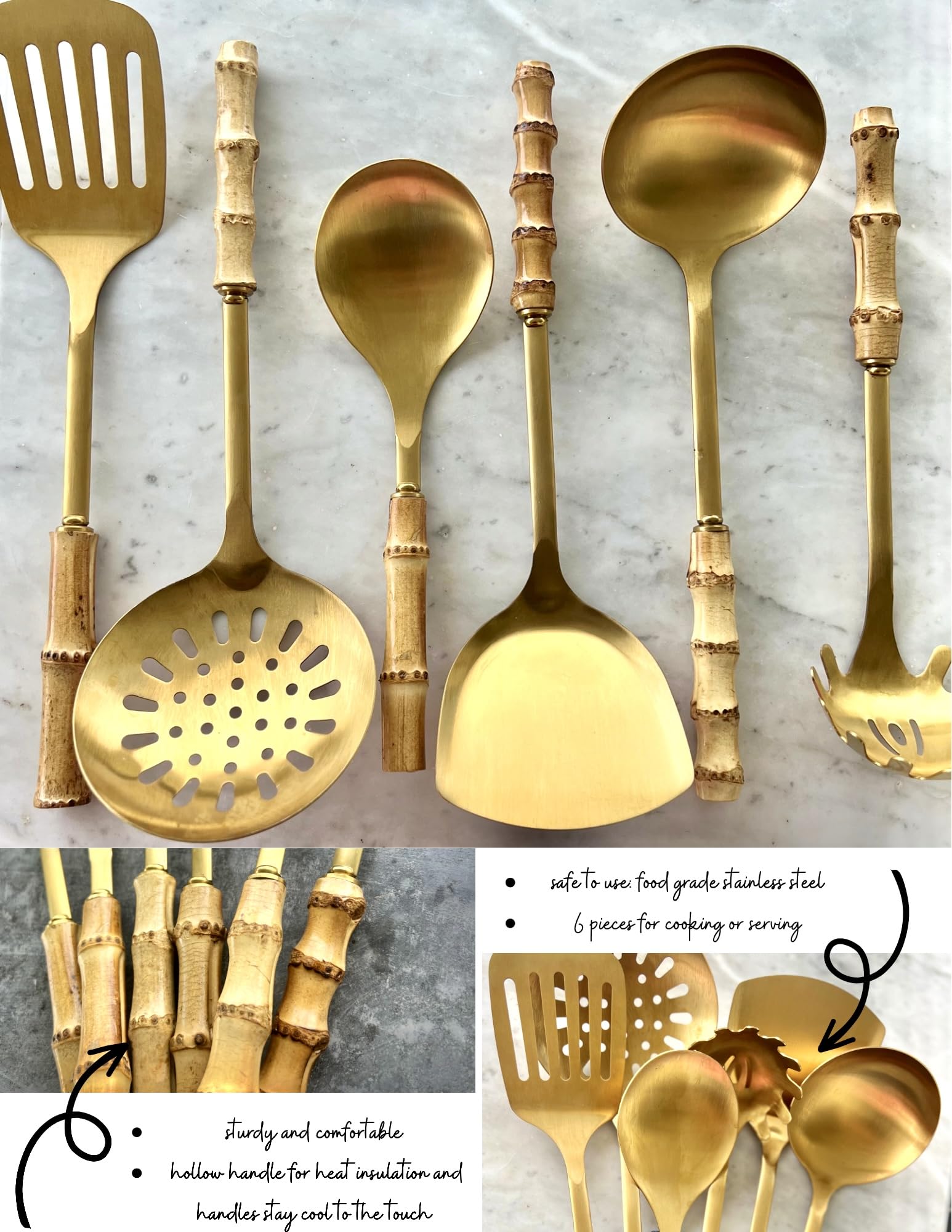 Bamboo Stainless Steel Cooking Tools Utensils Stainless - Brass/Gold Cooking and Serving Utensils - Gold Kitchen Utensils - Bamboo Wood Handled Gold Kitchen Utensils For Gold Kitchen
