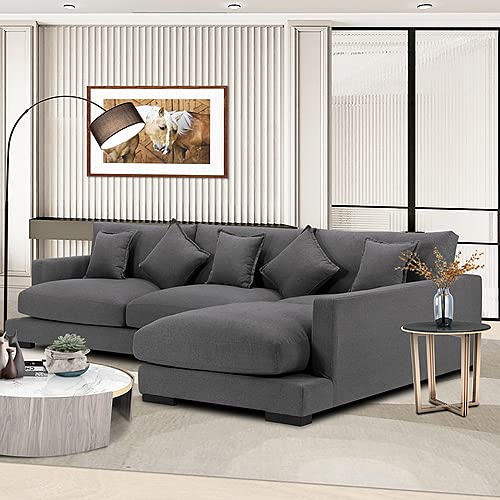 Sectional Sofa Right Hand Facing Dark Grey Fabric with 5 Pillows