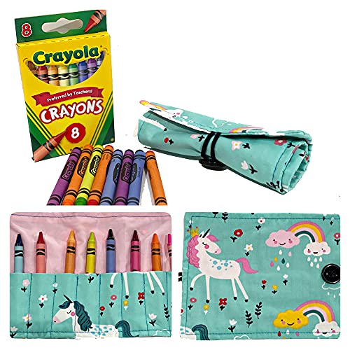On the Go Crayons Caddy holder wrap roll up case, holds 9 to 18 Favorite Colors, perfect to keep your kids organized, inspired, & entertained -8 Crayons INCLUDED! USA Handmade (Pink Unicorn, Small)