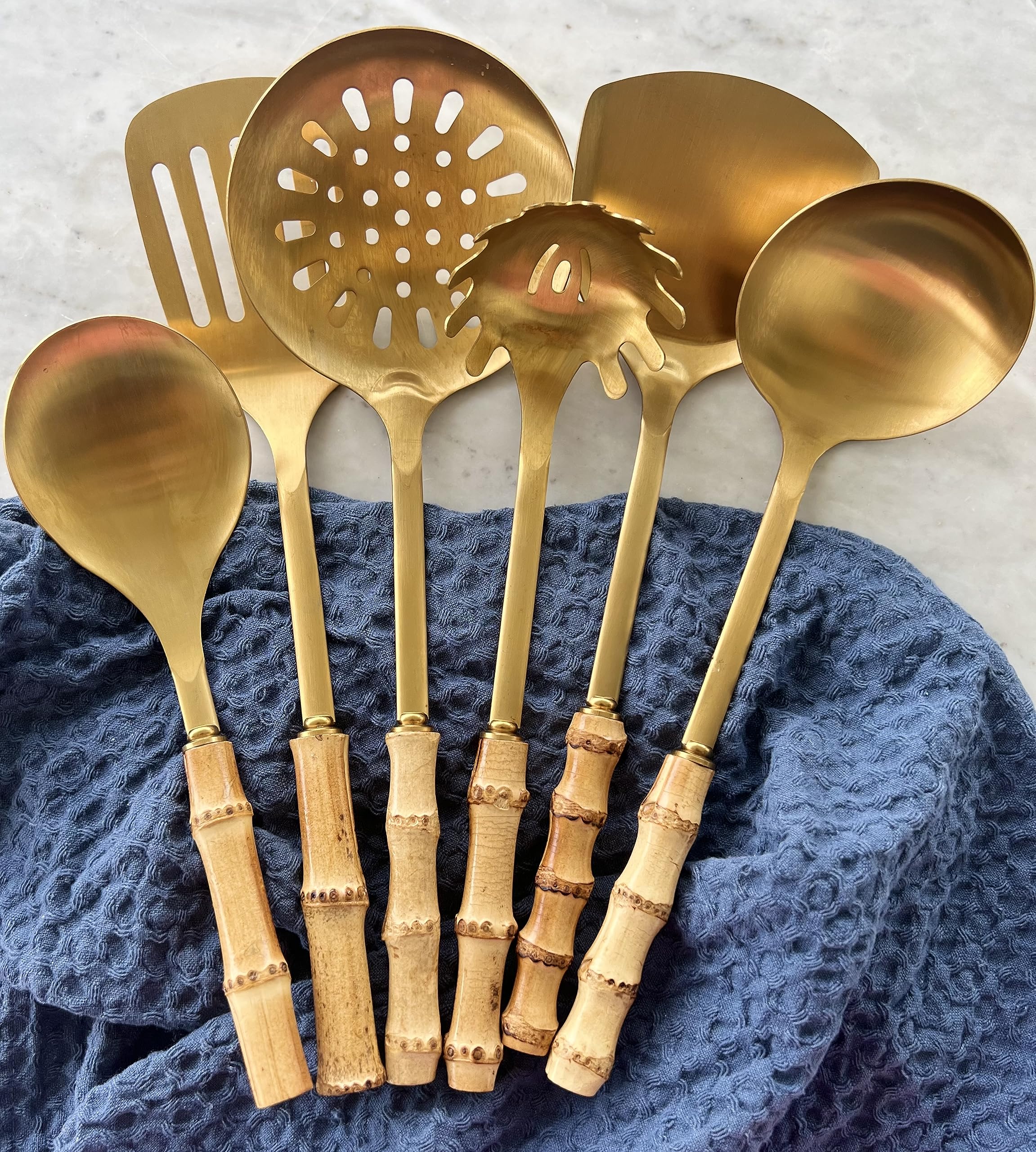 Bamboo Stainless Steel Cooking Tools Utensils Stainless - Brass/Gold Cooking and Serving Utensils - Gold Kitchen Utensils - Bamboo Wood Handled Gold Kitchen Utensils For Gold Kitchen