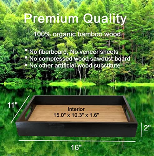 Bamboo Serving Tray with Handles (16" x 11" x 2") β Wood Serving Tray - Coffee Table Tray - Ottoman Tray - Decorative Display Tray In Black & Natural