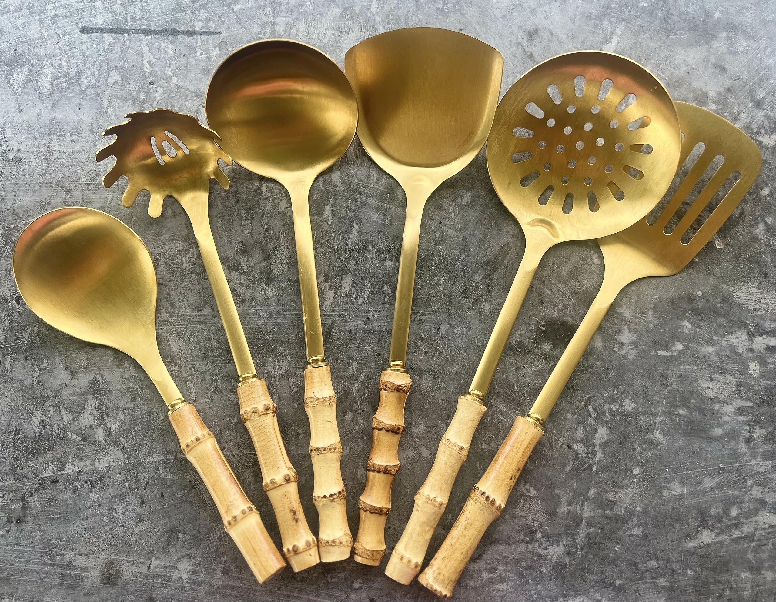 Bamboo Stainless Steel Cooking Tools Utensils Stainless - Brass/Gold Cooking and Serving Utensils - Gold Kitchen Utensils - Bamboo Wood Handled Gold Kitchen Utensils For Gold Kitchen