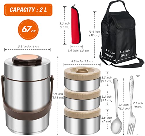 Thermos for Hot Food,3 Tier 67oz Stackable Insulated Food Jar with Lunch Bag & Spoon Fork,Leakproof Stainless Steel Meal Bento Carrier Soup Container Lunch Box for School Office Picnic Travel Outdoors