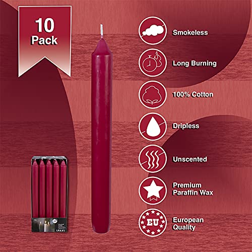 10 Pack Straight Unscented Red Candles - 9.5 Inch Tall Candle Sticks - Dripless Long Burning Candles for Dinner Table, Weddings, Home Decoration, Holidays - 8 Hour Burn Time