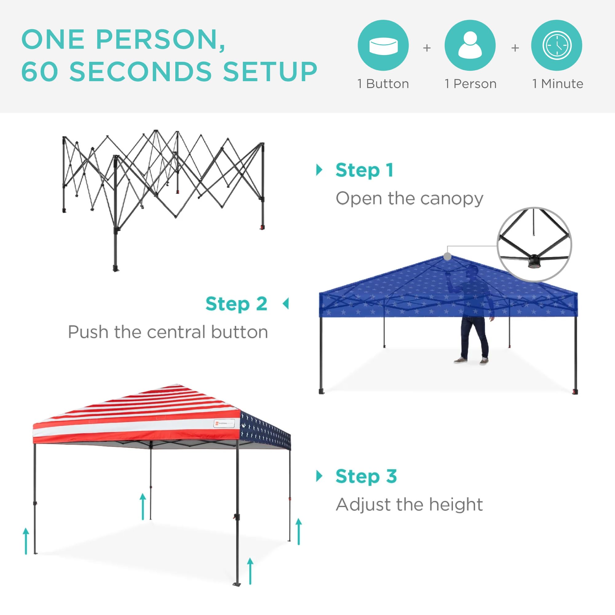 Best Choice Products 10x10ft 1-Person Setup Pop Up Canopy Tent Instant Portable Shelter w/ 1-Button Push, Case, 4 Weight Bags - American Flag