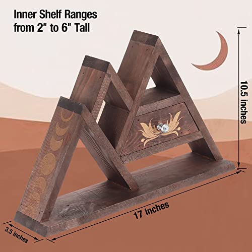 SSISSI Moon Phase Mountain Shelf - Triangle Shelf with Drawer - Moon Shelf for Crystals - Crystal Holder - Witchy Room Decor - Boho Decor - Wooden Rustic Crystal Shelf - Woodland Nursery Decor