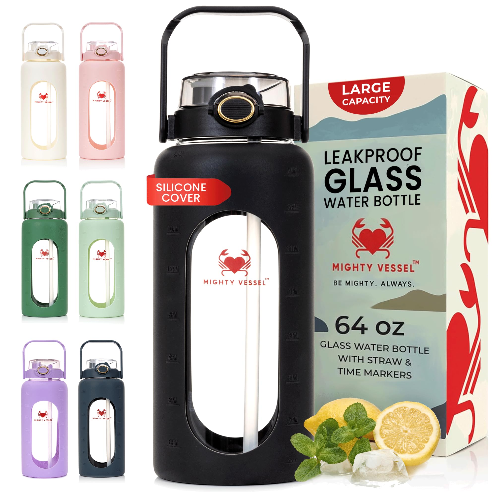 Leakproof 64 oz Glass Water Bottle - Borosilicate Large Glass Water Bottle with Straw, Silicone Sleeve and Time Markers, Half Gallon Jug, Suitable for Travel, Sports, Gym, and Daily Intake
