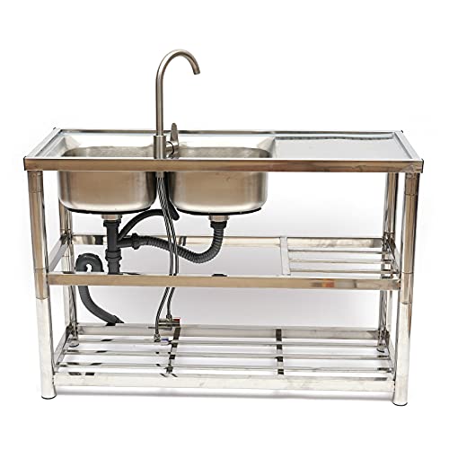 CNCEST 2 Compartment Stainless Steel Commercial Kitchen Prep & Utility Sink w/ Faucet,Fit For Commercial Restaurant Kitchen (2 Compartment Bowl (120x81x45cm))
