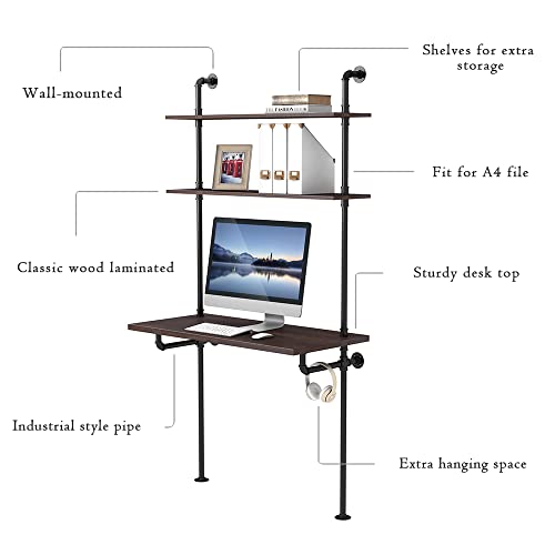 MCleanPin Industrial Computer Desk with Shelves,Ladder Shelf Desk,Wall Mount Desk with Shelf,79inch Home Office Computer Table, 2-Tier Rustic Wall Ladder Desk(W40inch)