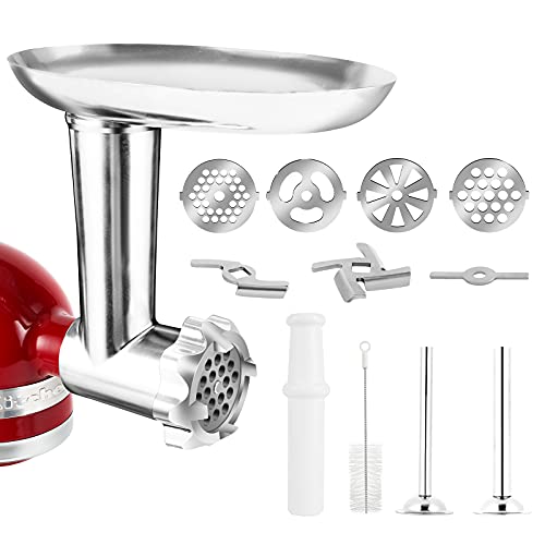LOCULL Metal Food Grinder Attachment for KitchenAid Stand Mixers, Durable Food Grinder Attachment for KitchenAid, Accessories Includes Two Sausage Stuffer Tubes, 3 Grinding Blades, Cleaning Brush