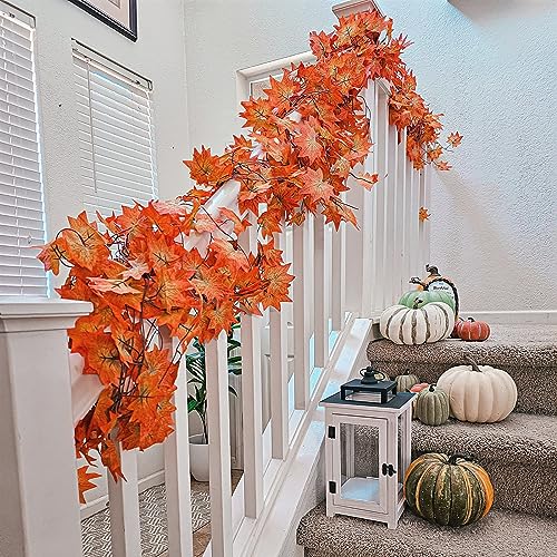 CQURE 14 Pack 98Ft Fall Leaf Garland, Hanging Vines Garland Artificial Fall Maple Leaves Garland Thanksgiving Decor for Home Wedding Fireplace Party (Orange Green)