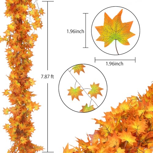 CQURE 14 Pack 98Ft Fall Leaf Garland, Hanging Vines Garland Artificial Fall Maple Leaves Garland Thanksgiving Decor for Home Wedding Fireplace Party (Orange Green)