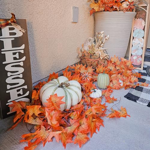 CQURE 14 Pack 98Ft Fall Leaf Garland, Hanging Vines Garland Artificial Fall Maple Leaves Garland Thanksgiving Decor for Home Wedding Fireplace Party (Orange Green)
