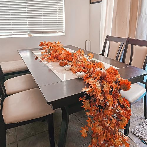 CQURE 14 Pack 98Ft Fall Leaf Garland, Hanging Vines Garland Artificial Fall Maple Leaves Garland Thanksgiving Decor for Home Wedding Fireplace Party (Orange Green)