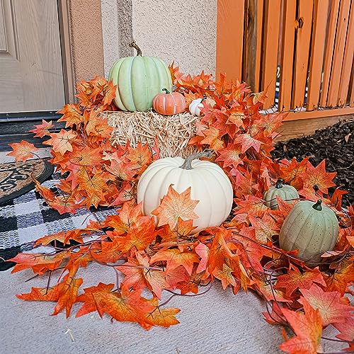 CQURE 14 Pack 98Ft Fall Leaf Garland, Hanging Vines Garland Artificial Fall Maple Leaves Garland Thanksgiving Decor for Home Wedding Fireplace Party (Orange Green)