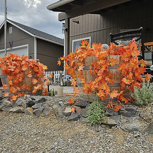 CQURE 14 Pack 98Ft Fall Leaf Garland, Hanging Vines Garland Artificial Fall Maple Leaves Garland Thanksgiving Decor for Home Wedding Fireplace Party (Orange Green)