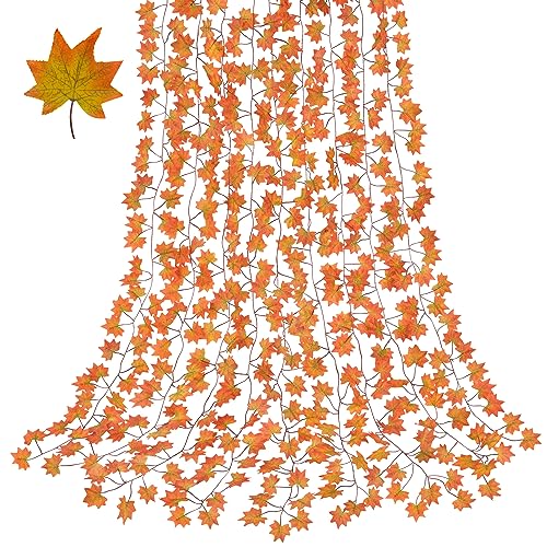 CQURE 14 Pack 98Ft Fall Leaf Garland, Hanging Vines Garland Artificial Fall Maple Leaves Garland Thanksgiving Decor for Home Wedding Fireplace Party (Orange Green)