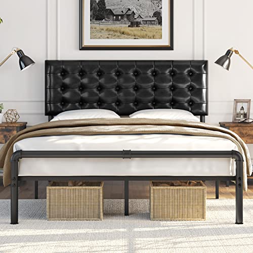 Yaheetech Queen Size Bed Frame, Metal Platform Bed with Faux Leather Height-Adjustable Headboard/12 Inch Underbed Storage/Noise Free/No Box Spring Needed/Industrial Pipe Foot End, Elegant Black