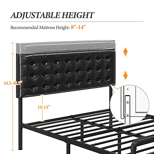 Yaheetech Queen Size Bed Frame, Metal Platform Bed with Faux Leather Height-Adjustable Headboard/12 Inch Underbed Storage/Noise Free/No Box Spring Needed/Industrial Pipe Foot End, Elegant Black