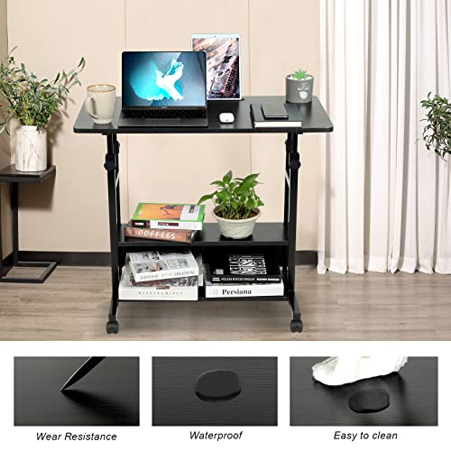 Home Office Desks Standing Adjustable Height Small Laptop Desk with Storage for Small Spaces Computer Table for Couch Bedrooms Mobile Rolling Portable Student Desk on Wheels Modern Uplift Black Desk