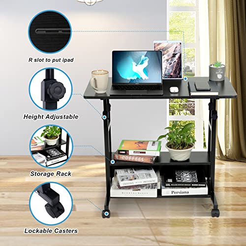 Home Office Desks Standing Adjustable Height Small Laptop Desk with Storage for Small Spaces Computer Table for Couch Bedrooms Mobile Rolling Portable Student Desk on Wheels Modern Uplift Black Desk