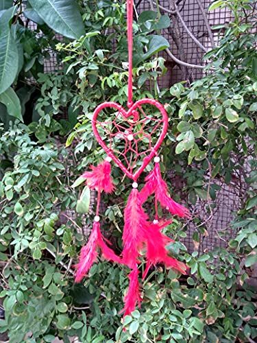 Fikimos Dream Catchers Wall Decor, Handmade Feather Bedroom Home Car Decor Nursery Room Hanging Decoration (3" Red Heart)